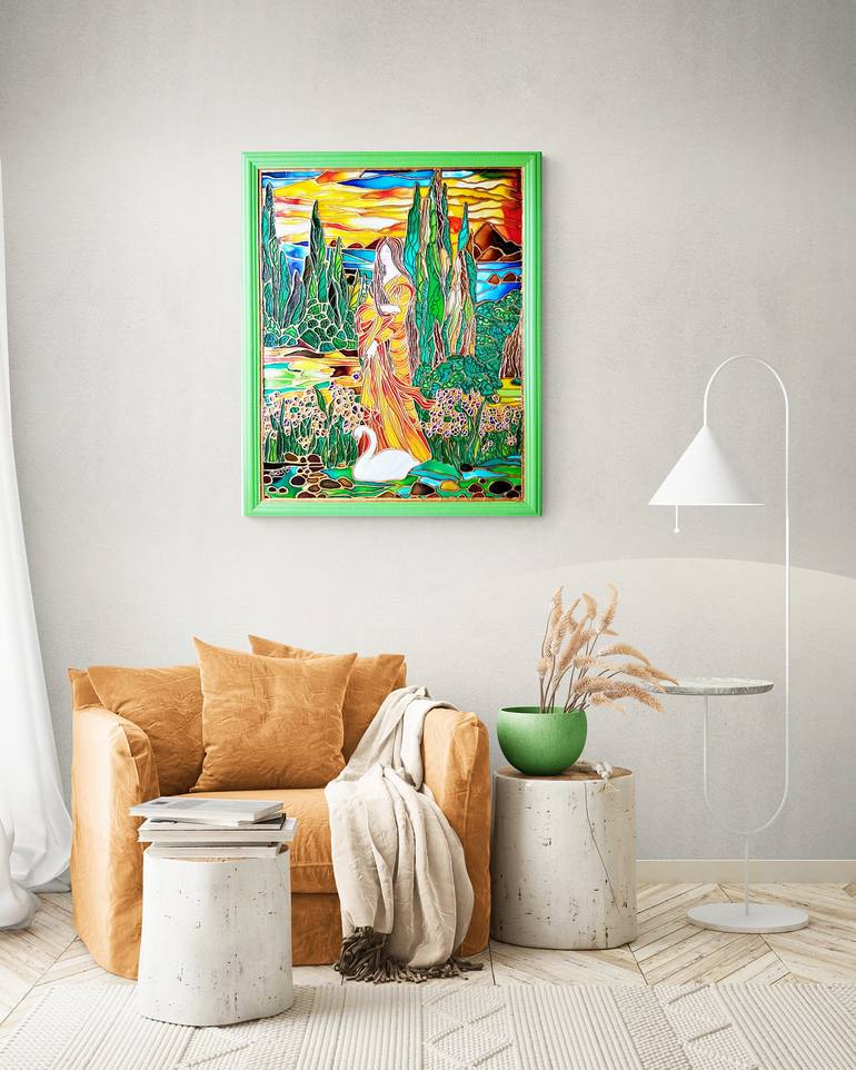 Leda and the swan - Woman portrait stained glass painting / wall ...