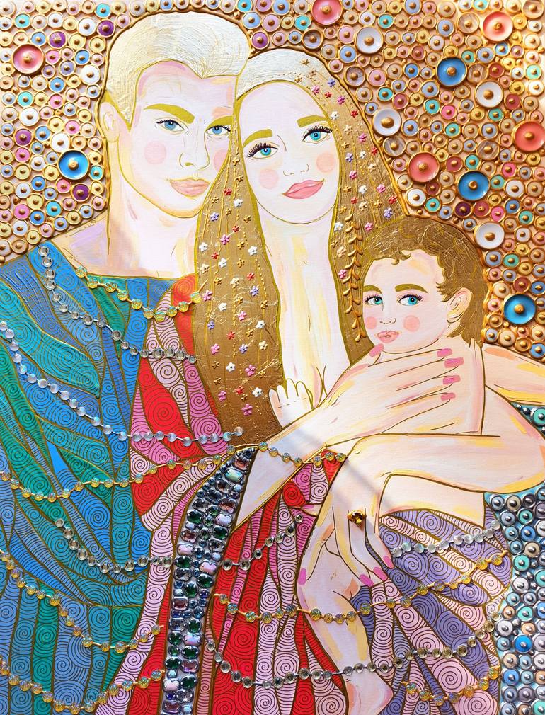 Family portrait painting. Father, mother, child. Mosaic art Painting by ...