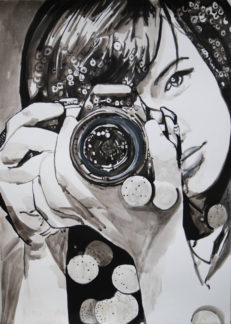 Girl with camera #9 / 70 x 50 cm Drawing by Alexandra Djokic | Saatchi Art