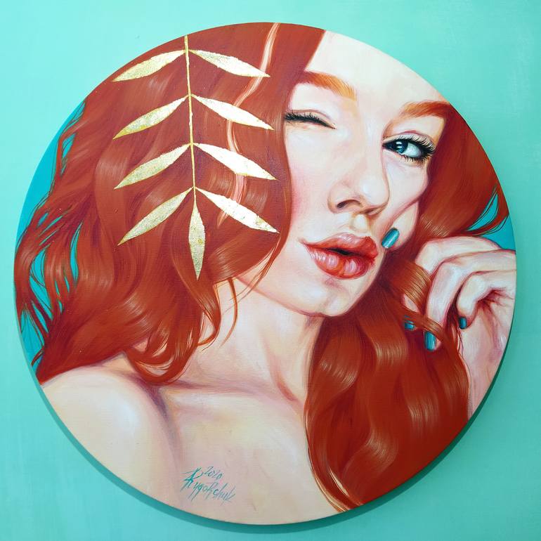 Painting Red-haired girl Fiery beauty. The picture is on a round frame ...