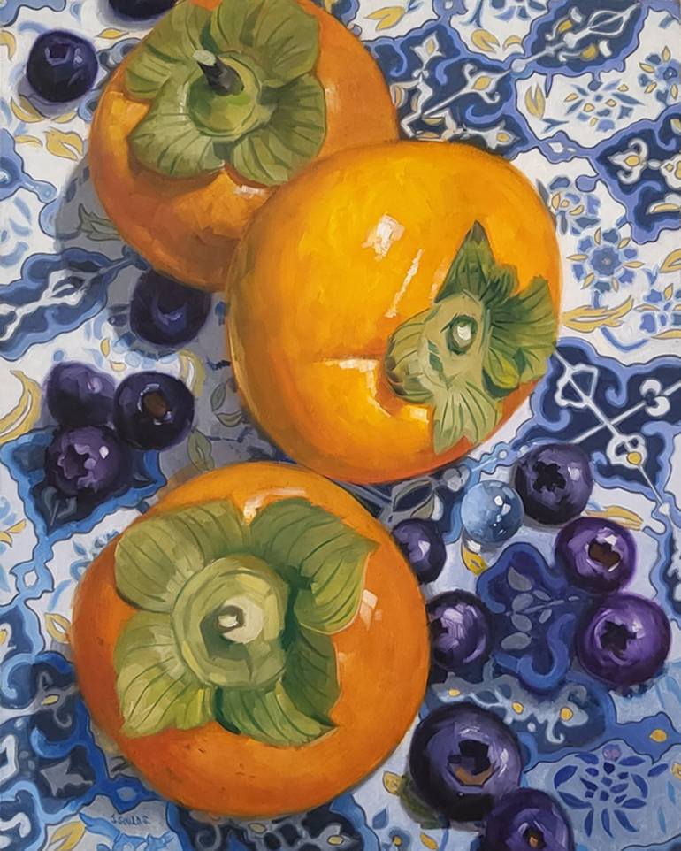 3 persimmons on a blue tile Painting by Jacques Soulas | Saatchi Art