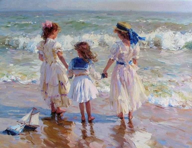 Three girlfriends by the sea. Painting by Lara Vald | Saatchi Art
