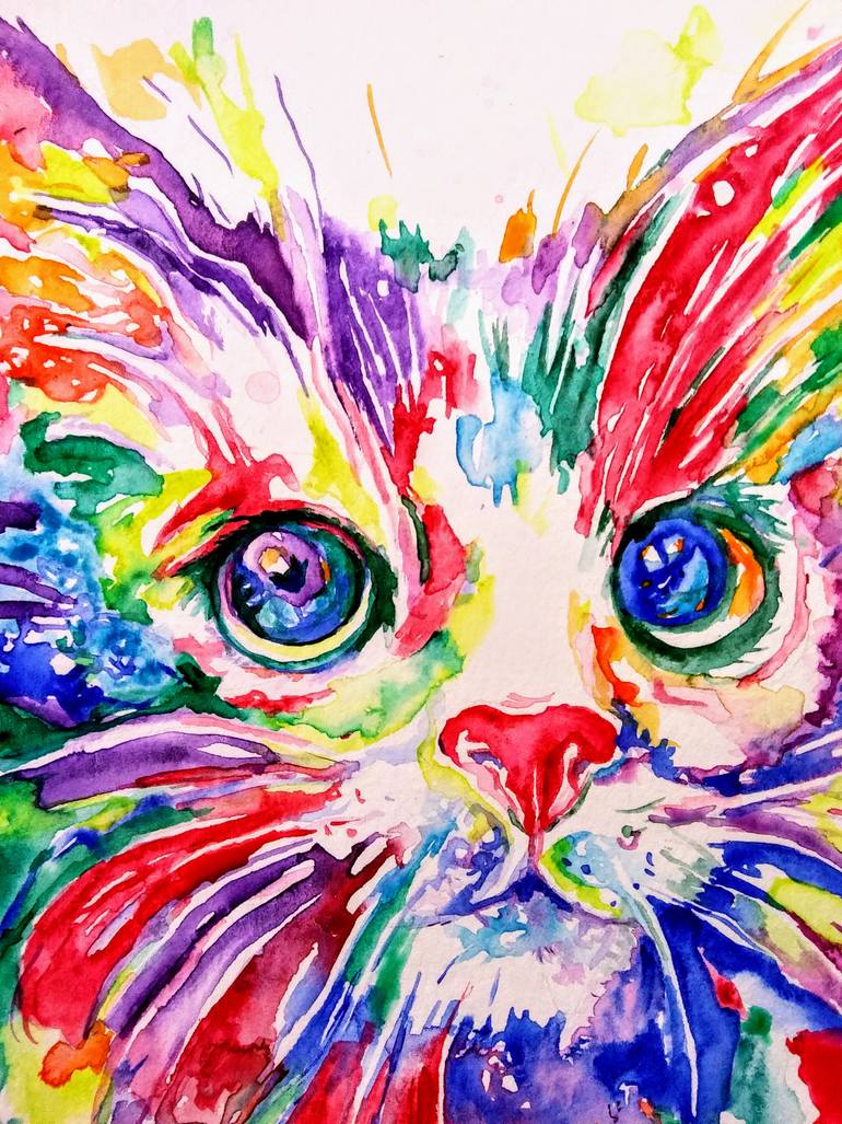 Colorful cat with very pink nose Painting by Daniela Vasileva | Saatchi Art