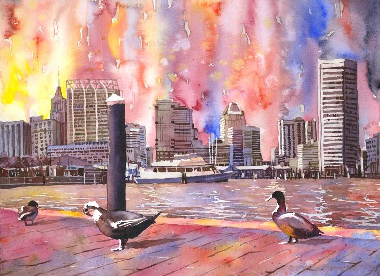 Baltimore MA watercolor landscape sunset artwork Painting by Ryan Fox ...