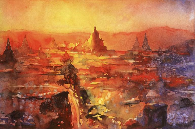 Fine art watercolor painting of ruined pagodas of Bagan (Pagan) in ...