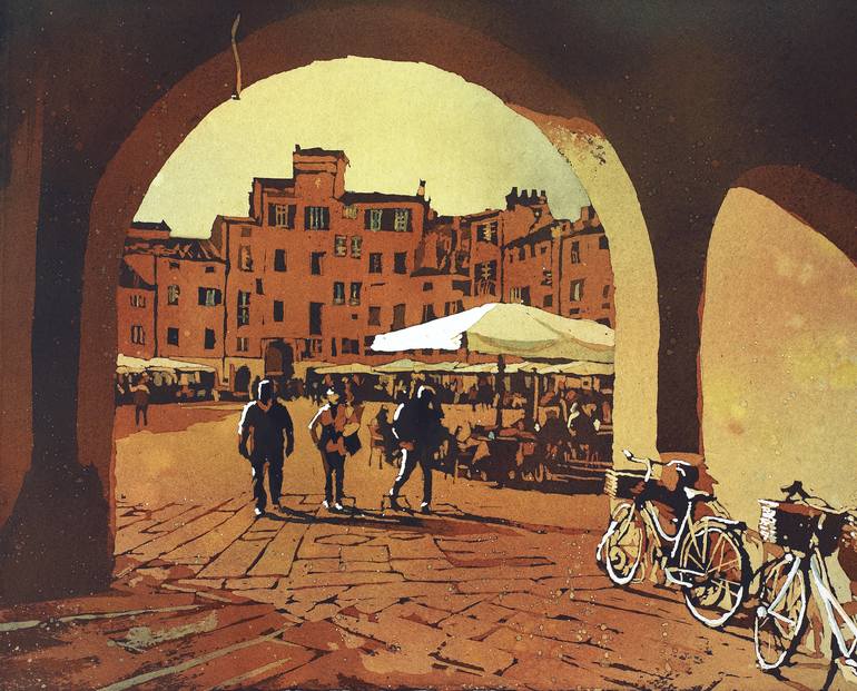 Watercolor painting of Lucca, Italy- people in the Anfiteatro central ...