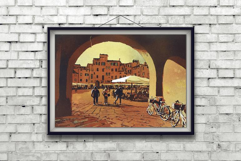 Watercolor painting of Lucca, Italy- people in the Anfiteatro central ...