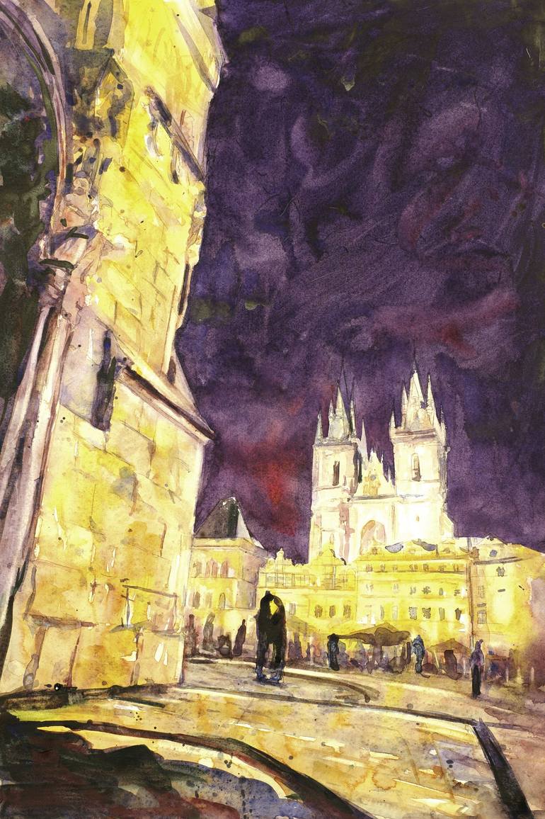 City Center at dusk in the medieval city of Prague, Czech Republic ...