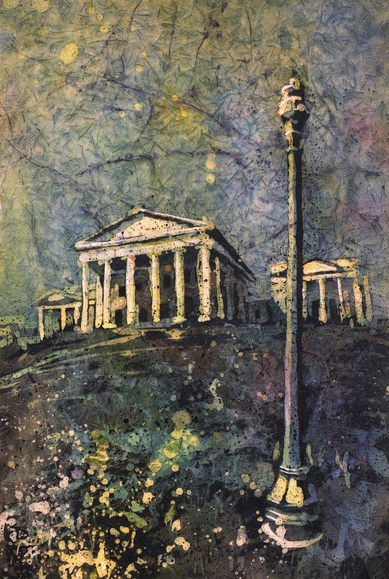 Watercolor batik painting of neo-classical facade of Capitol building ...