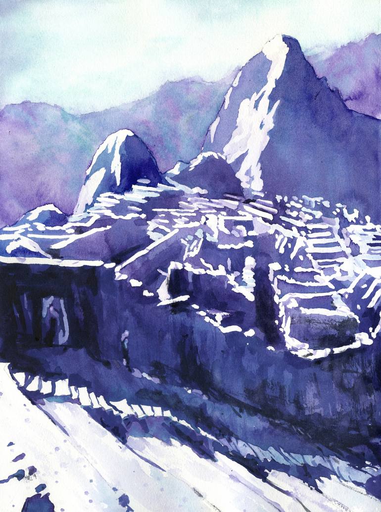 Fine art watercolor painting of Incan ruins of Machu Picchu- Sacred ...