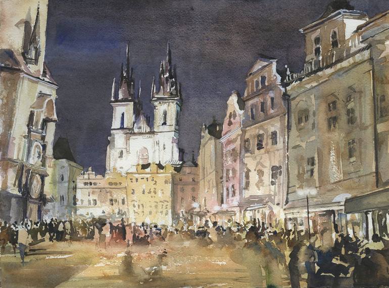 Prague, Czech Republic fine art watercolor painting. Church in center ...