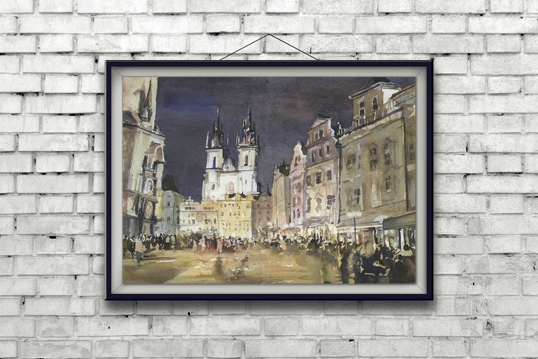 Prague, Czech Republic fine art watercolor painting. Church in center ...