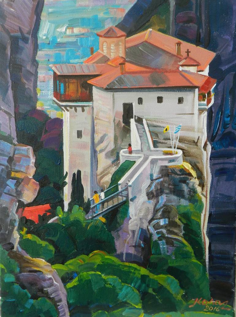 Twiligth in Meteora Painting by Artan Kola | Saatchi Art