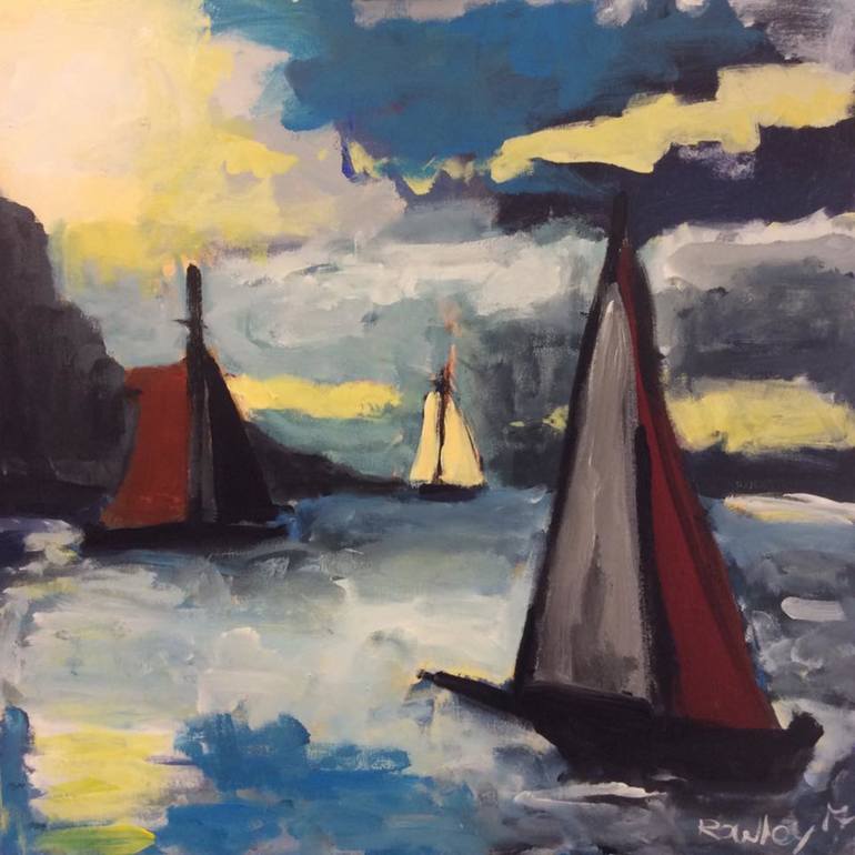 Three Ships and a Burning Sun Painting by Leyton Rowley | Saatchi Art