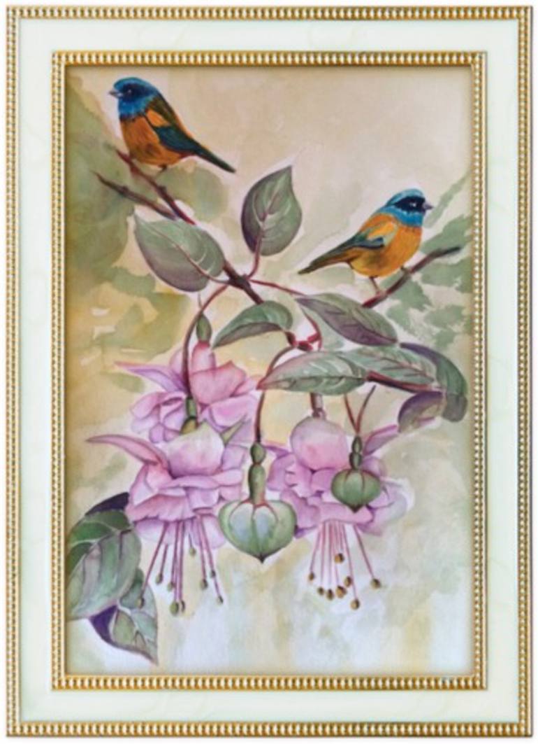 Fuchsias & Birds Painting by Maritza Miranda | Saatchi Art