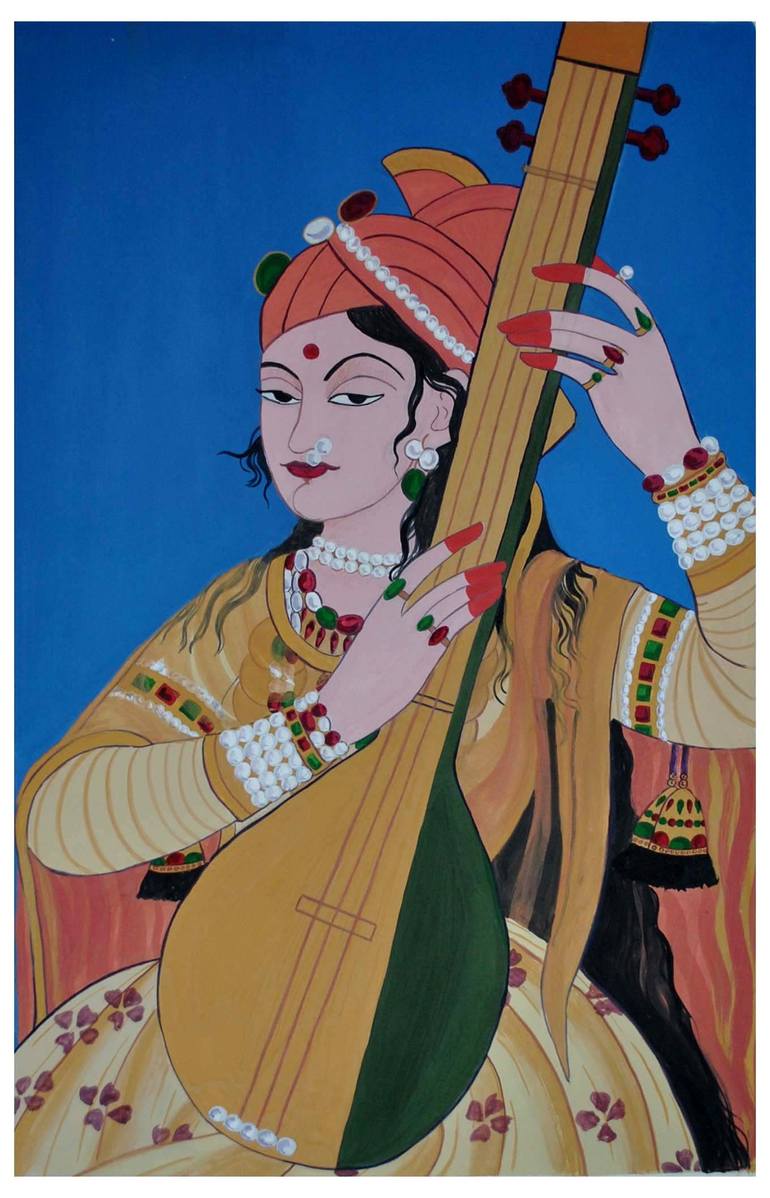 Lady playing Sitara Painting by Radhika G | Saatchi Art