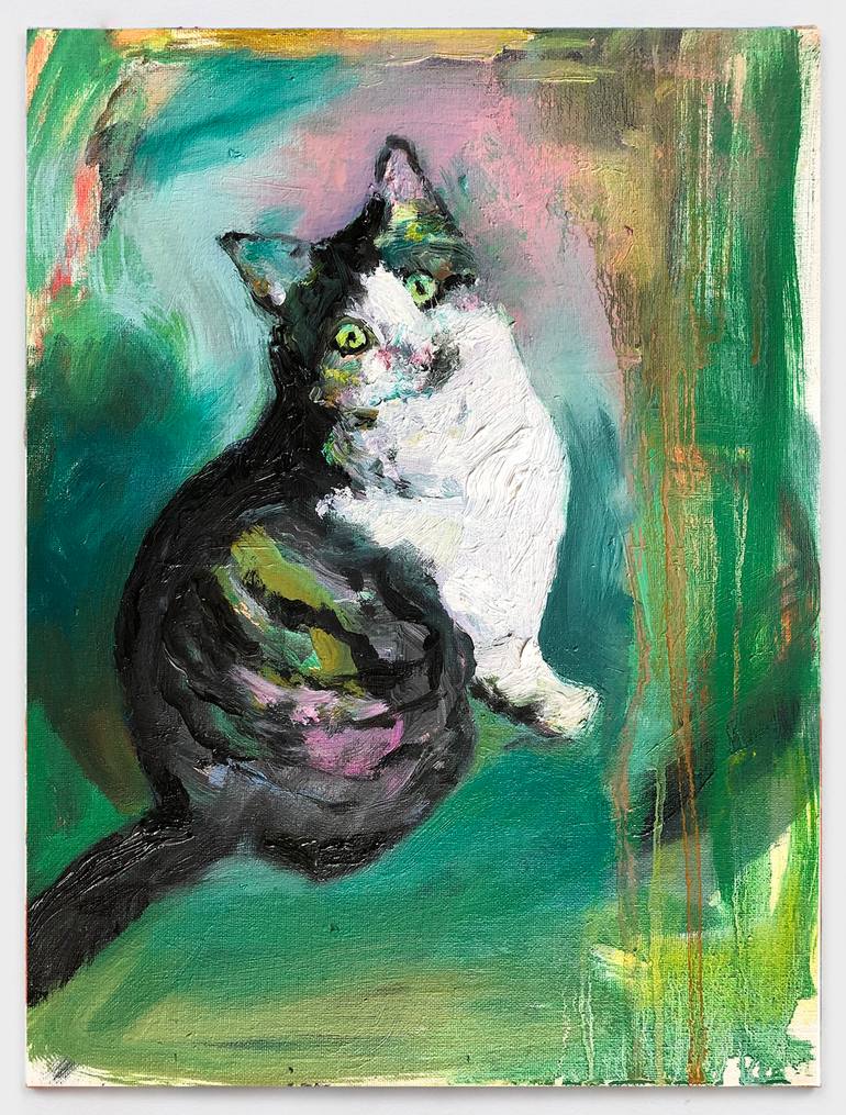 Meow in green Painting by jessica alazraki | Saatchi Art