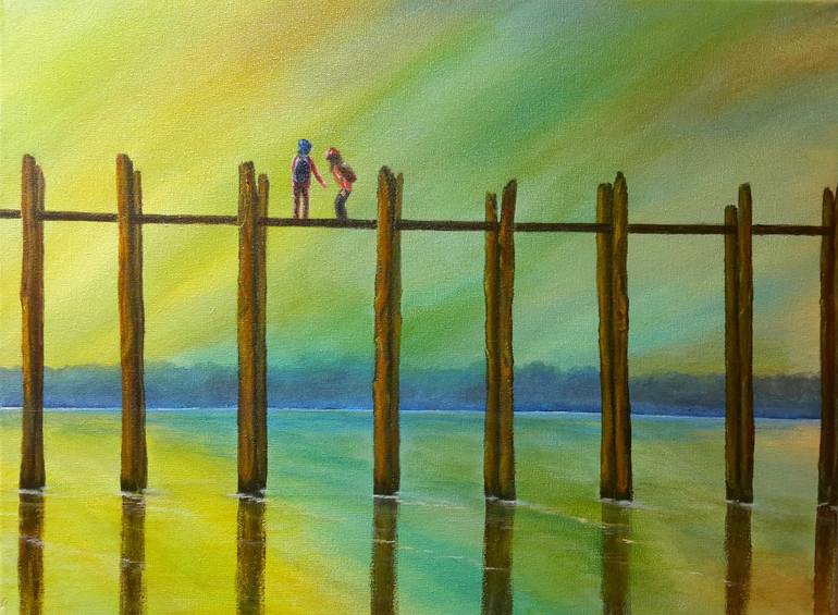 Crossing a bridge Painting by Sunpit Sujirapan | Saatchi Art