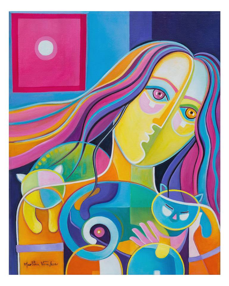 Woman with Cats Original oil painting Cubist Expressionism Painting by ...
