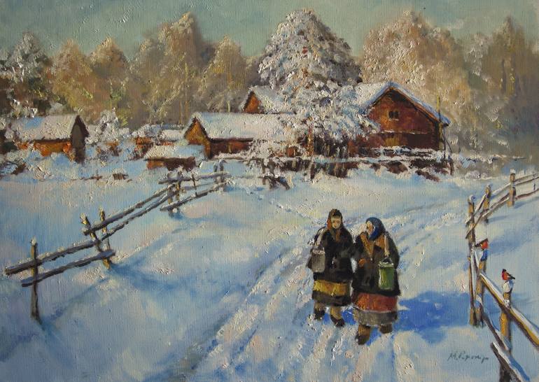 Snowy March in Russian village Painting by Mark Kremer | Saatchi Art
