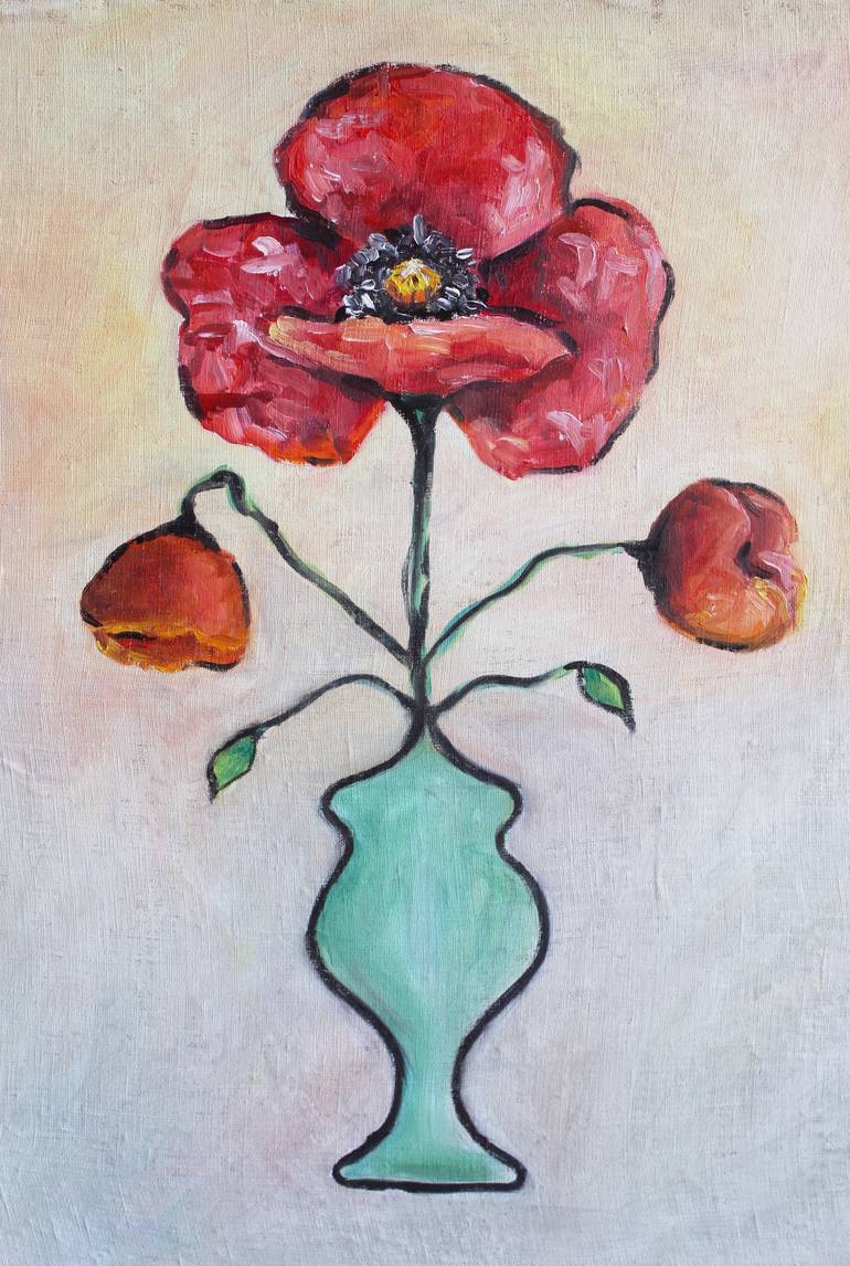 Women red poppy Painting by Victoria Teslimovka | Saatchi Art
