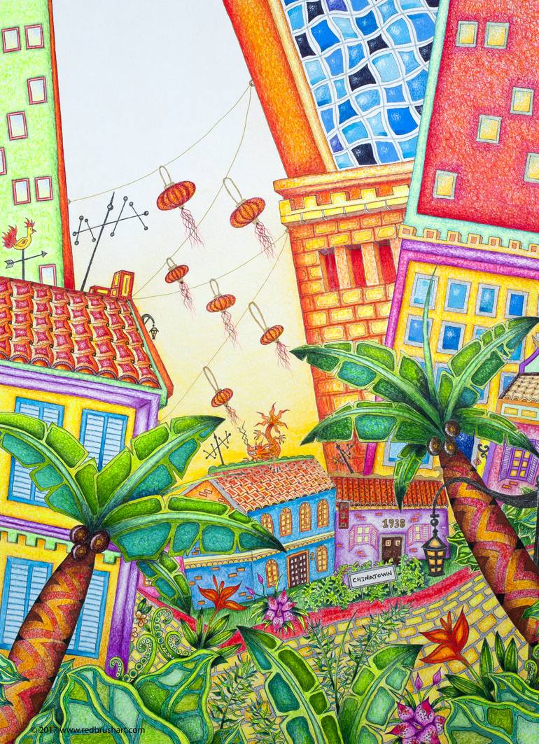 Chinatown Drawing by Red Brush Art | Saatchi Art