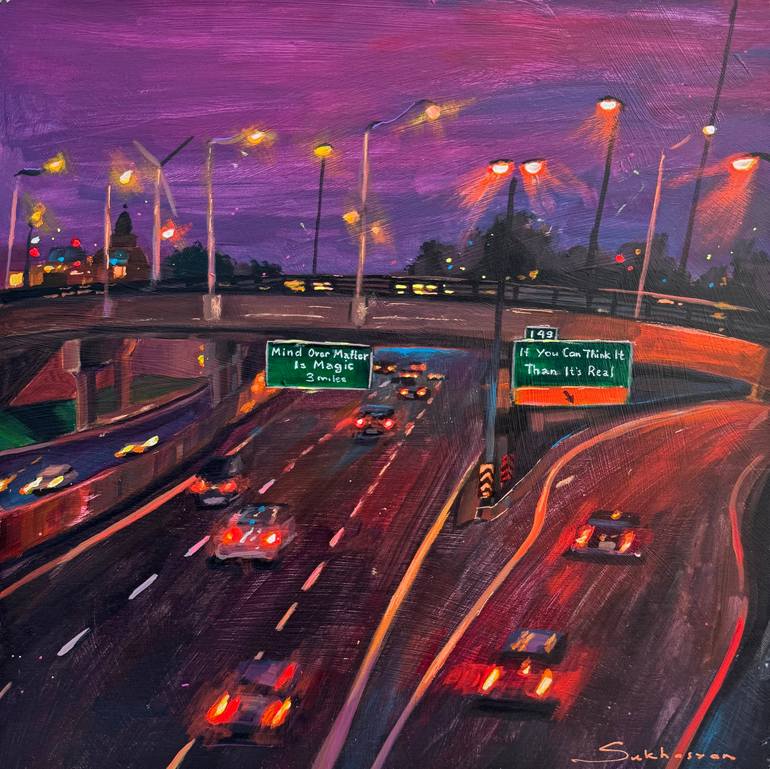 Freeway at Night Painting by Victoria Sukhasyan | Saatchi Art