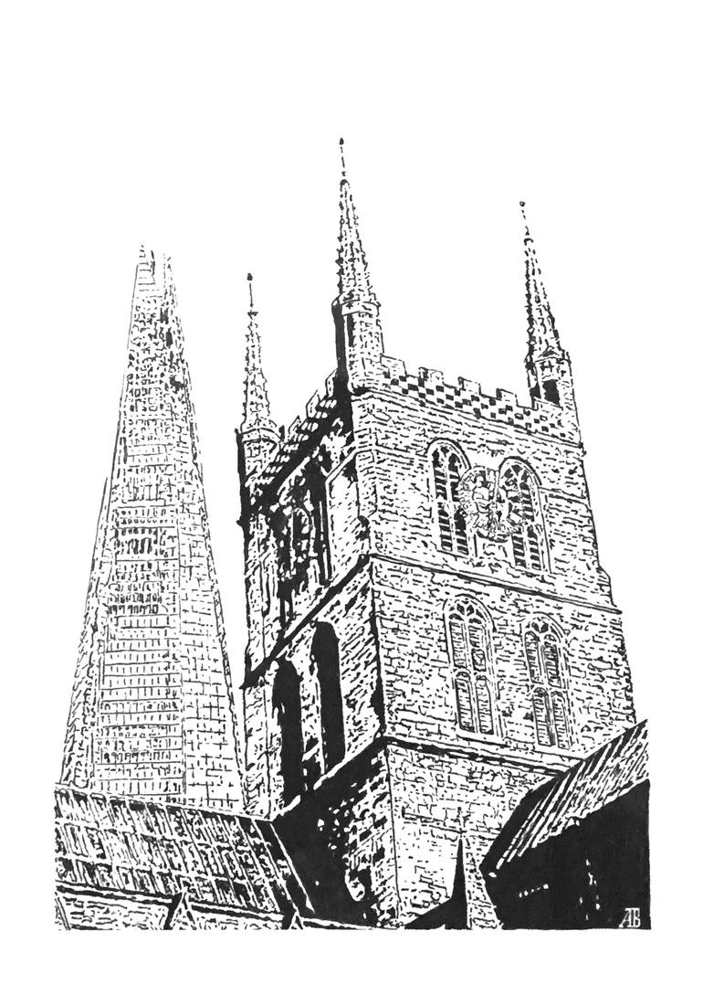 Southwark Cathedral & The Shard Drawing by Alex Baciu | Saatchi Art
