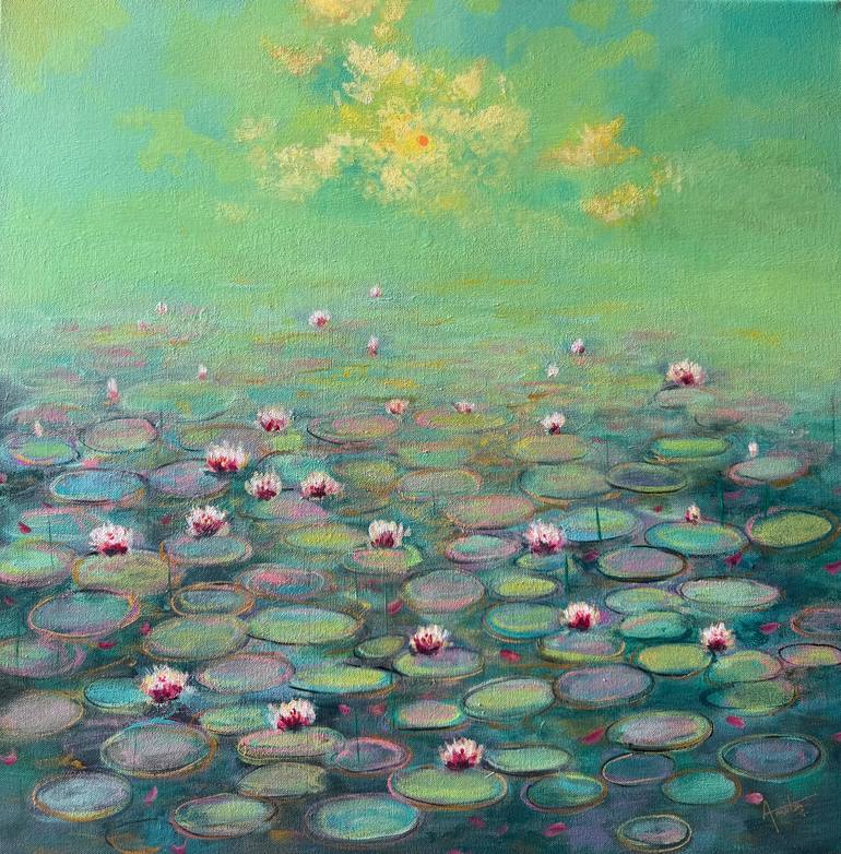 The Fond Memories! Water Lily pond painting Painting by Amita Dand ...