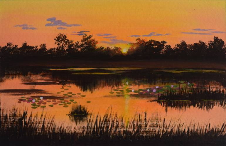 Water lily pond at sunset Painting by Amita Dand | Saatchi Art