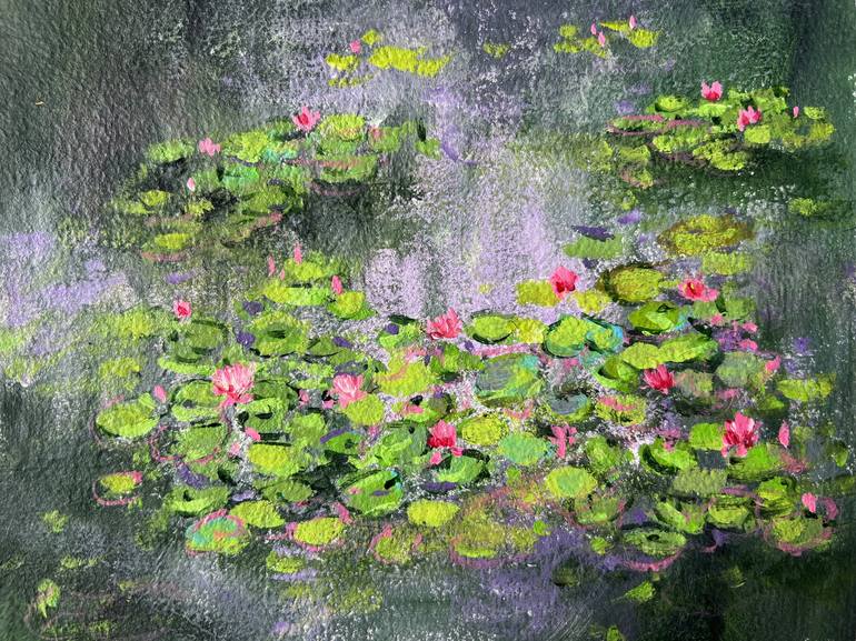 Water lily pond on handmade paper Painting by Amita Dand | Saatchi Art