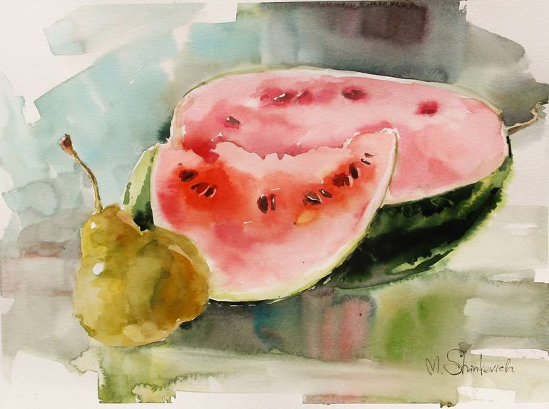 Watermelon and pear Painting by Maria SHINKEVICH | Saatchi Art