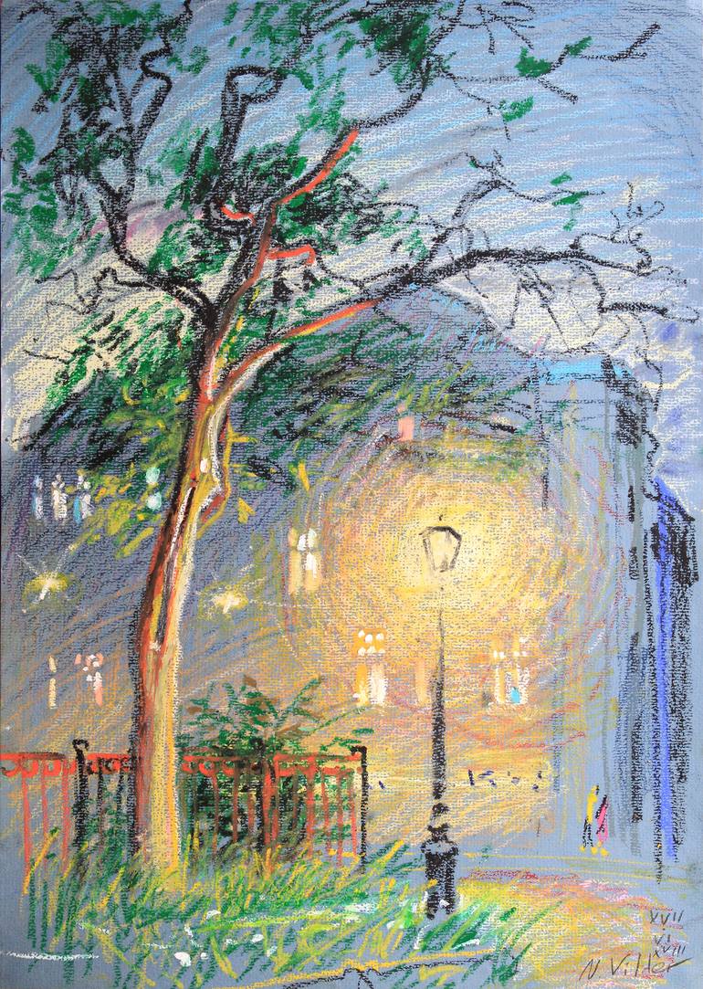 White Night, Street Light Drawing by Natasha Vilder | Saatchi Art