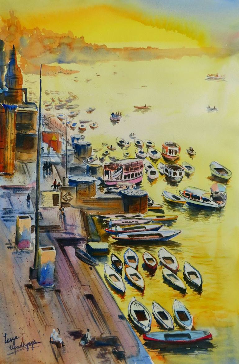 Golden glow Varanasi Painting by Lasya Upadhyaya | Saatchi Art