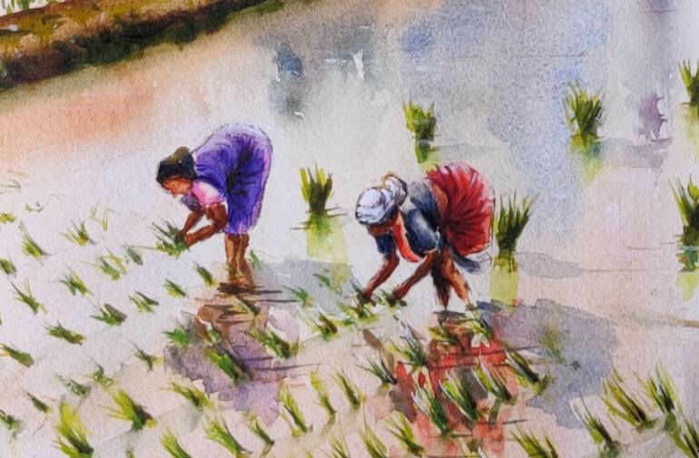 Morning light in paddy fields Painting by Lasya Upadhyaya | Saatchi Art ...