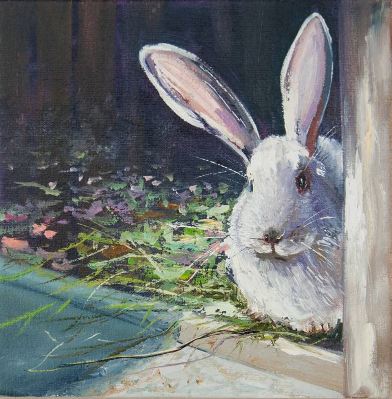 White bunny. Oil painting. Small artwork. Miniature painting. Painting ...