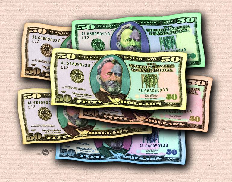 50 Dollar Bills In The Wind All Colors In Spectrum 2 Pop Art Painting ...