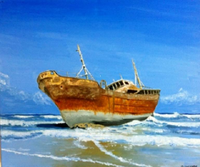 Wreck on tropical beach Painting by Denis Lagarde | Saatchi Art