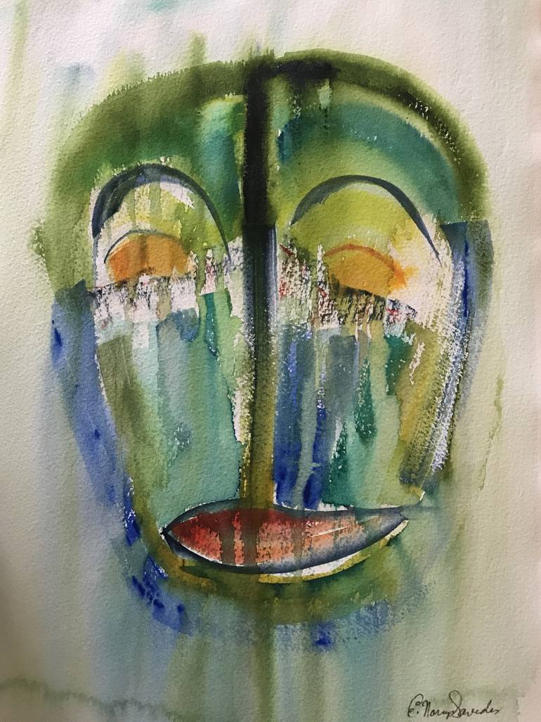 Primitive Face #2: Contemplative Painting by Liz Savedes | Saatchi Art