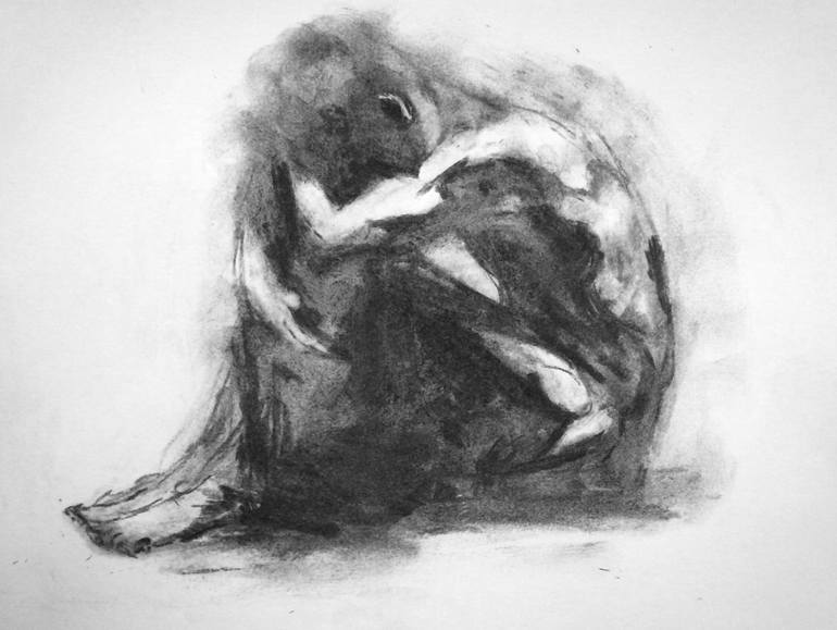 Crouching Figure in Charcoal Drawing by Stewart Bracegirdle | Saatchi Art