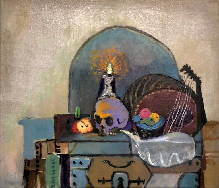 Candle, Skull, Lute and Fruits Painting by Steve Binetti | Saatchi Art