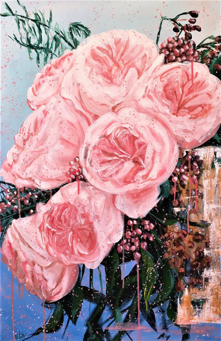 The Place for Love - Garden Roses Juliet in a Golden Vase Painting by ...