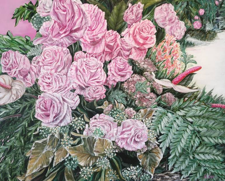 A LIFE TIME COMMITMENT - Pink Roses And Anthuriums Painting by HSIN LIN ...
