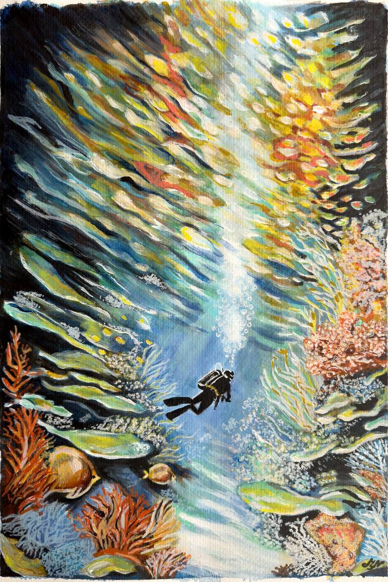 A Scuba Diver and Coral Reef Painting by Misty Lady | Saatchi Art