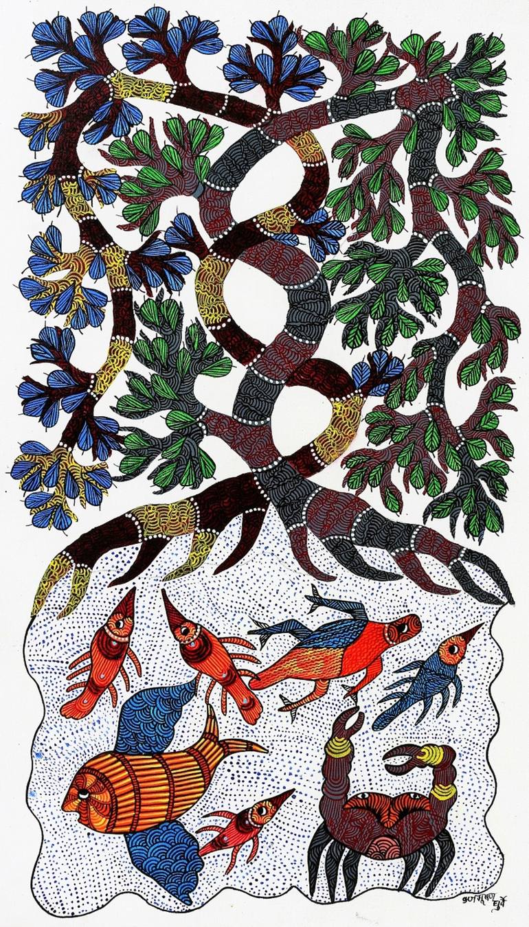 Original hand made tribal gond painting showcasing migratory birds in ...