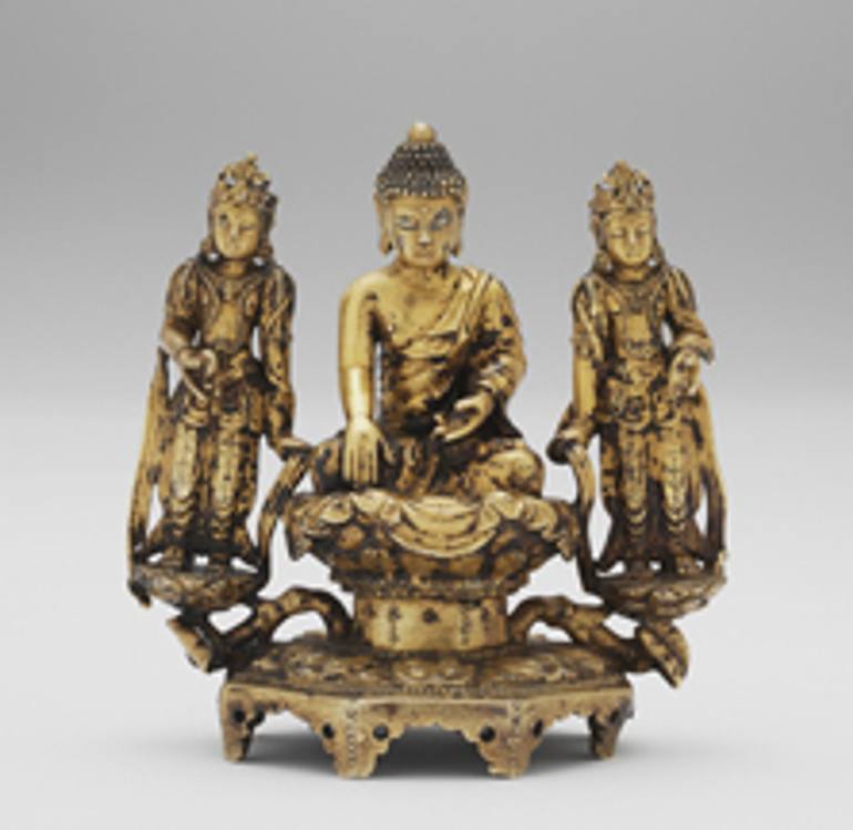 Buddhist Triad: Seated Buddha Shakyamuni Flanked by Two Standing ...